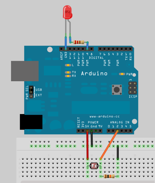 Cooper Maa: Arduino 筆記 – Lab8 使用光敏電阻控制 LED 的開關